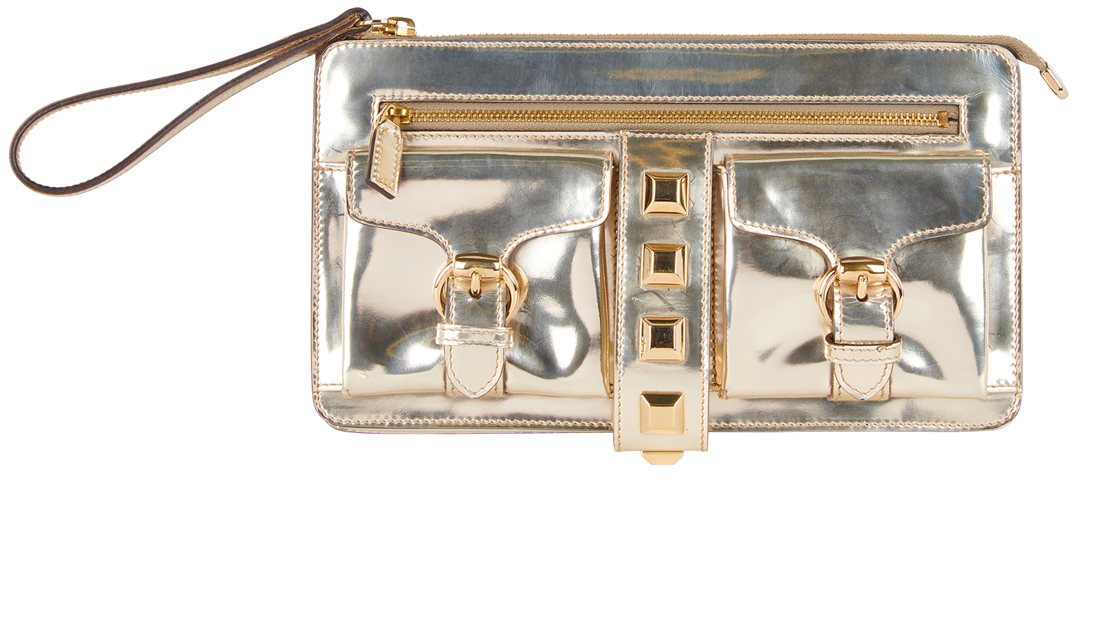 Metallic Gold Laminate Leather Studded Wristlet Clutch, Gucci ...